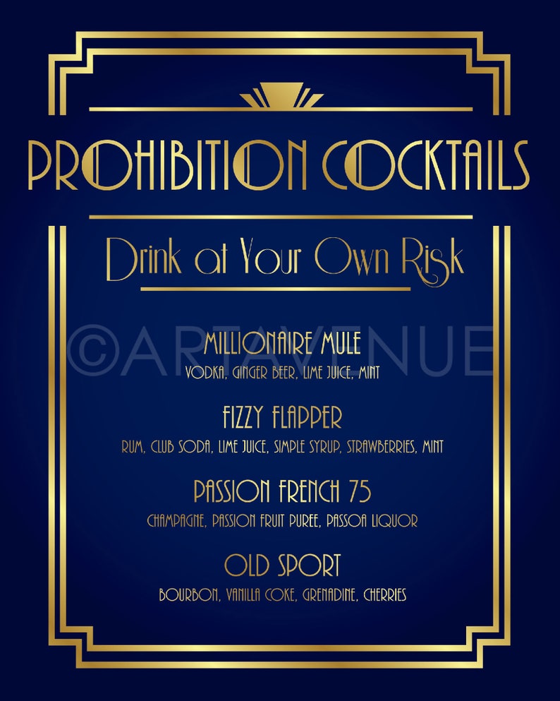 Custom PROHIBITION COCKTAILS Sign Printable Art Deco Bar | Etsy