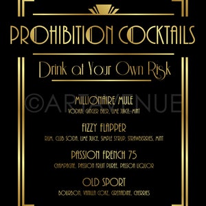 Custom Prohibition Cocktails Bar Menu Printable, Art Deco Bar Menu Sign ...