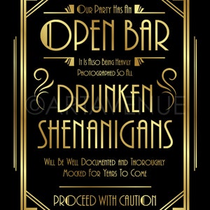 Art Deco Open Bar Drunken Shenanigans Quote Sign Printable, Roaring ...