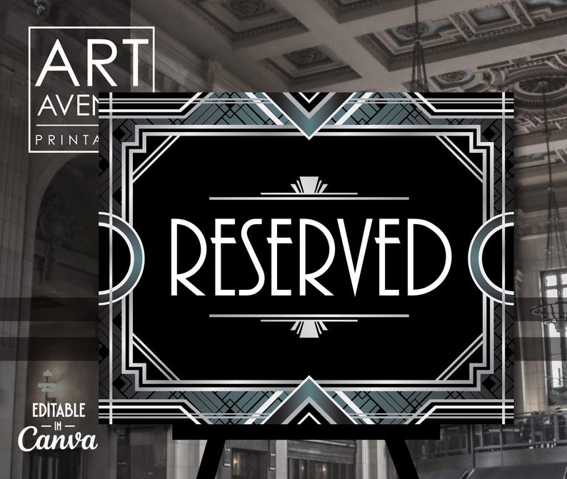 Reserved Sign Printable, Silver Blue Art Deco Party Decorations ...