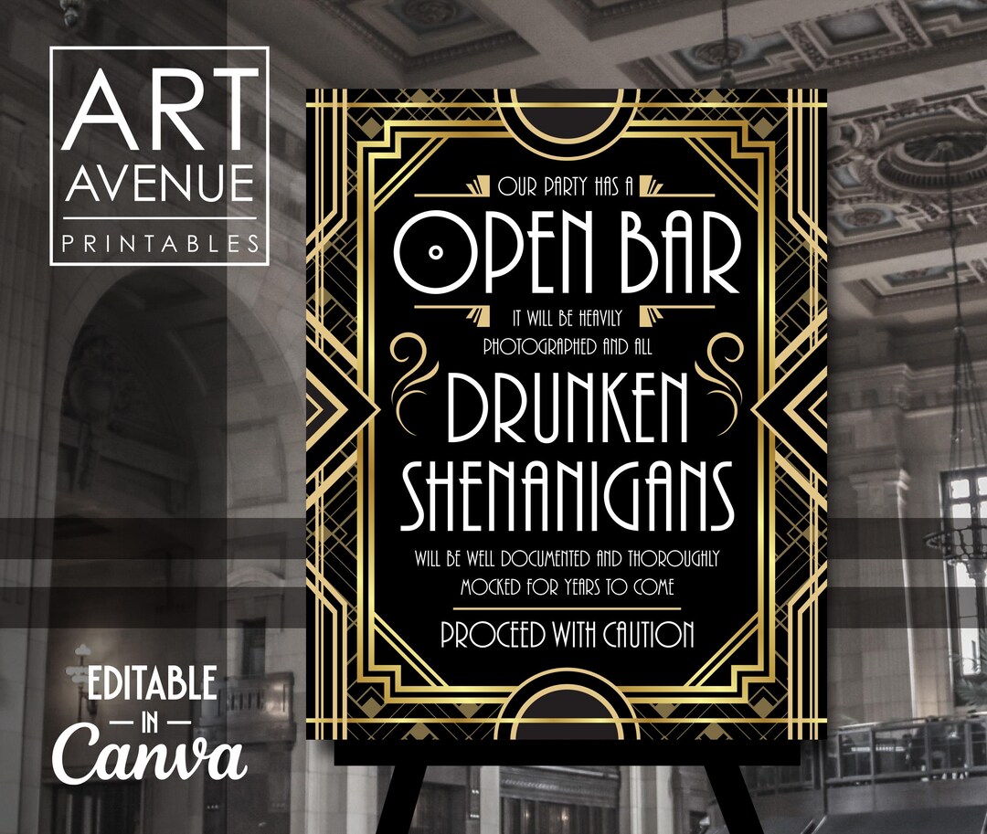Open Bar Sign Printable, Great Gatsby No Drunken Shenanigans Party Sign ...