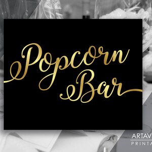 Chic Black and Gold Party Signs | Popcorn Bar | Snack Sign Printables ...