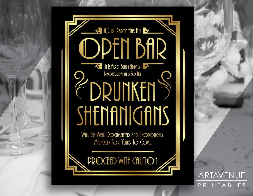 Art Deco Open Bar Drunken Shenanigans Quote Sign Printable, Roaring ...