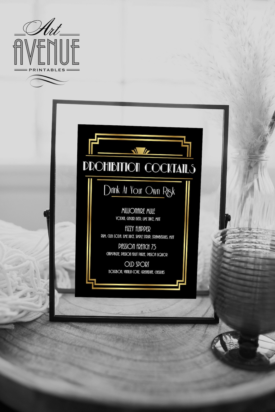Prohibition Cocktails Menu Template | Gold Gatsby Wedding Bar Menu ...