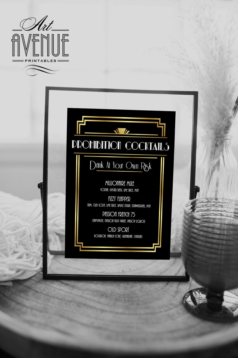 Prohibition Cocktails Menu Template | Gold Gatsby Wedding Bar Menu ...