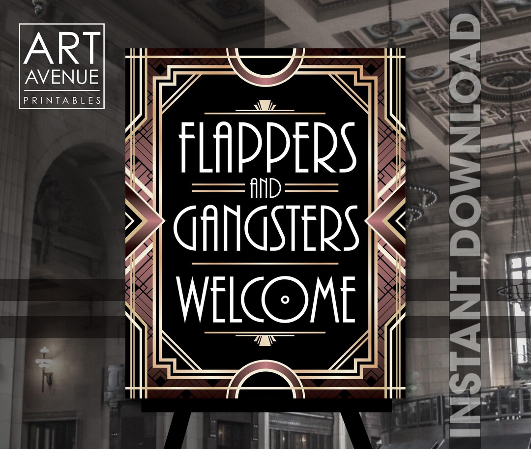 Flappers and Gangsters Welcome Sign Printable, Vintage Gold Art Deco ...