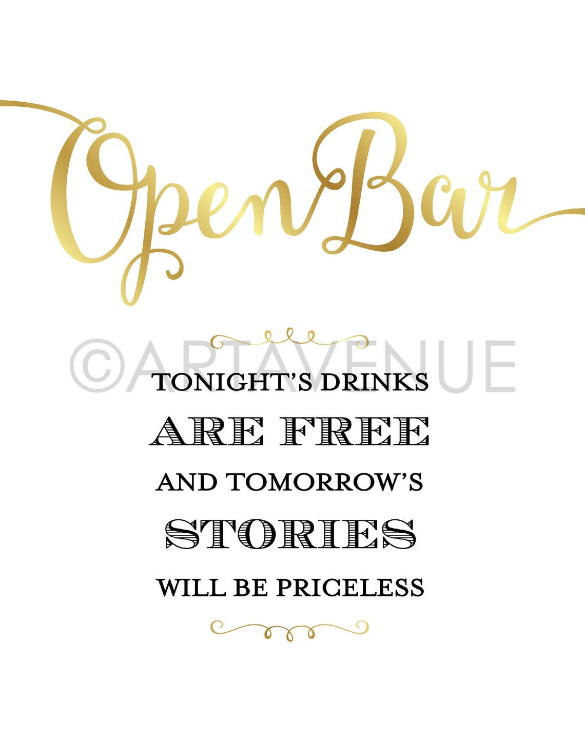 Gold Chic Wedding Signs | OPEN BAR Stories Are Priceless Quote Sign ...