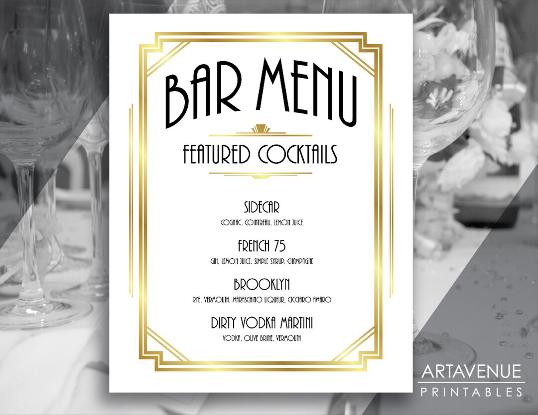 Custom BAR MENU Sign Printable Art - Gatsby Bar Menu Gatsby Wedding Art ...