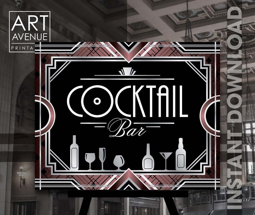 Cocktail Bar Sign Download, Silver Red Art Deco Speakeasy Party Sign ...