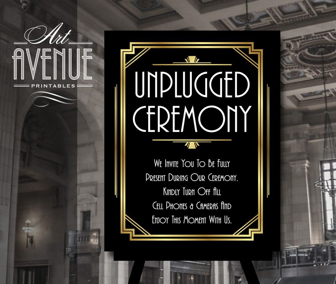 Unplugged Ceremony Sign Editable Template | Gold Gatsby Art Deco ...
