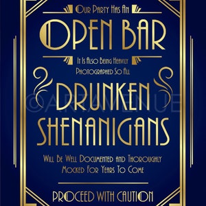 Art Deco Open Bar Drunken Shenanigans Quote Sign Printable - Etsy