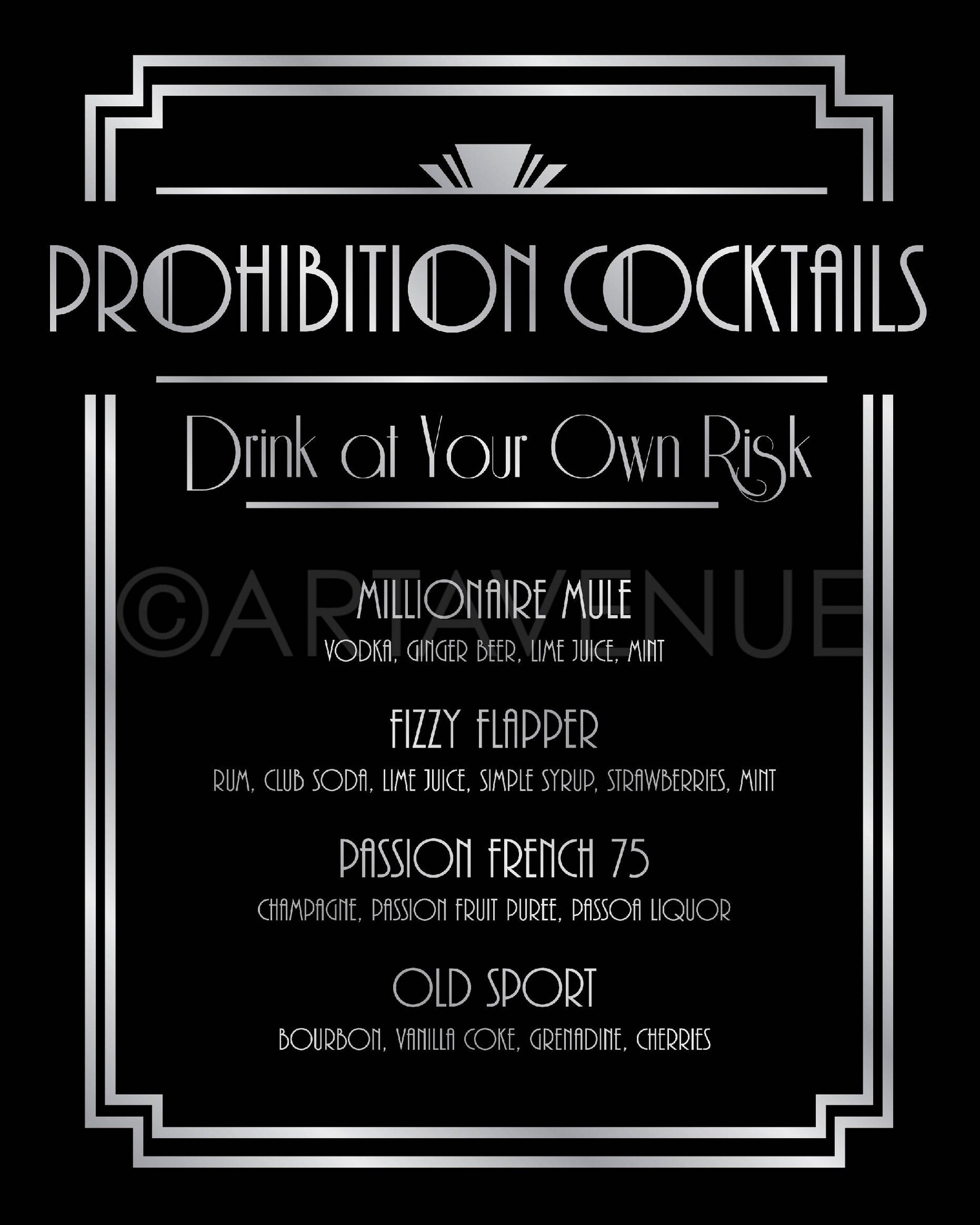 Custom PROHIBITION COCKTAILS Sign Printable Art Deco Bar | Etsy