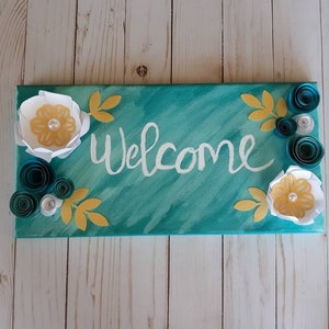 Turquoise Welcome Sign, Aqua and Gold Paper Flower Art, Painted 7x14 ...