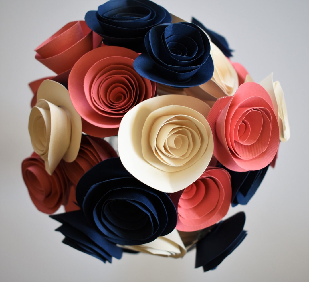 Coral and Navy Wedding, Coral, Navy, and Ivory Paper Flower Bouquet ...