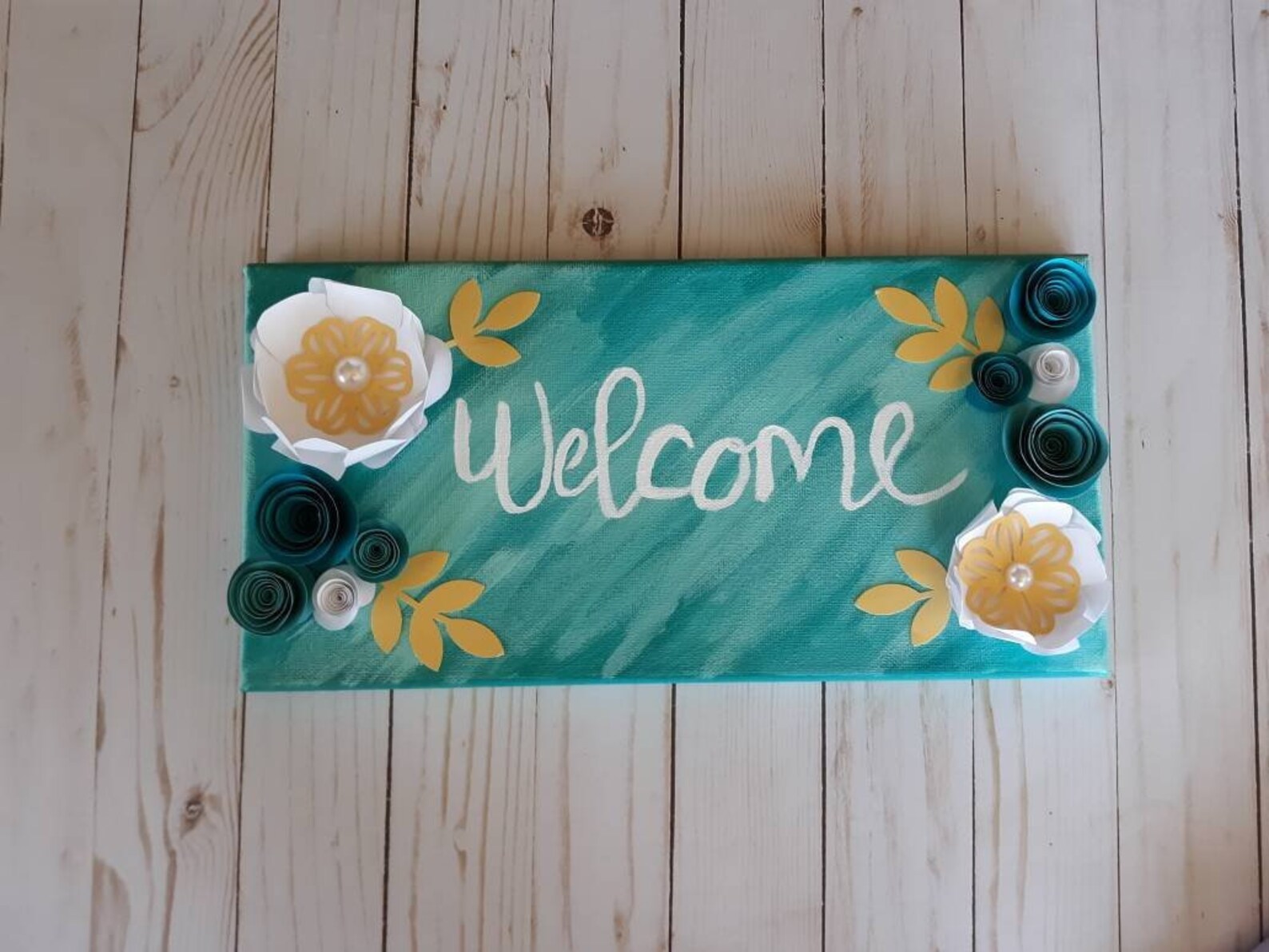 Turquoise Welcome Sign Aqua and Gold Paper Flower Art | Etsy