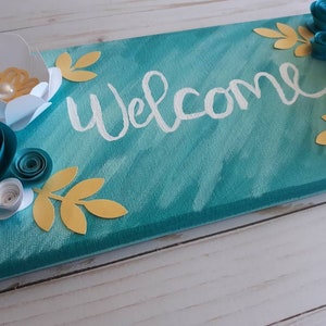 Turquoise Welcome Sign, Aqua and Gold Paper Flower Art, Painted 7x14 ...