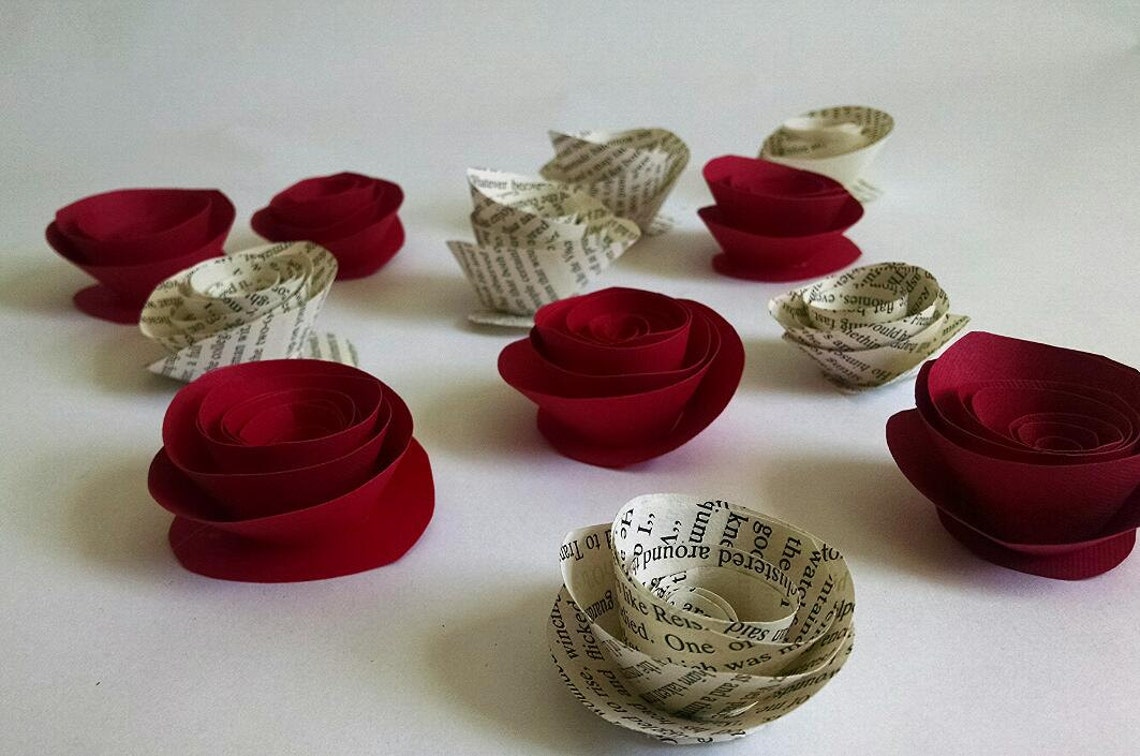 Book Page Roses Red Roses Paper Roses Set of 12 Card - Etsy