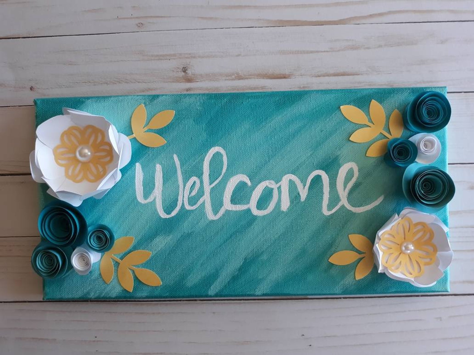 Turquoise Welcome Sign Aqua and Gold Paper Flower Art | Etsy