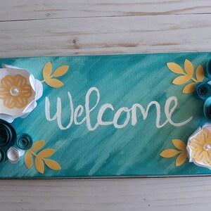 Turquoise Welcome Sign, Aqua and Gold Paper Flower Art, Painted 7x14 ...