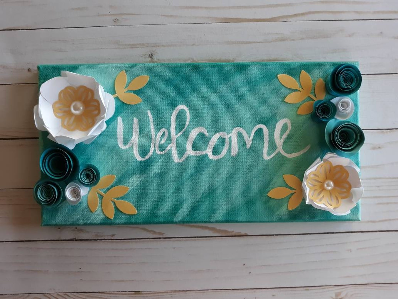 Turquoise Welcome Sign Aqua and Gold Paper Flower Art | Etsy