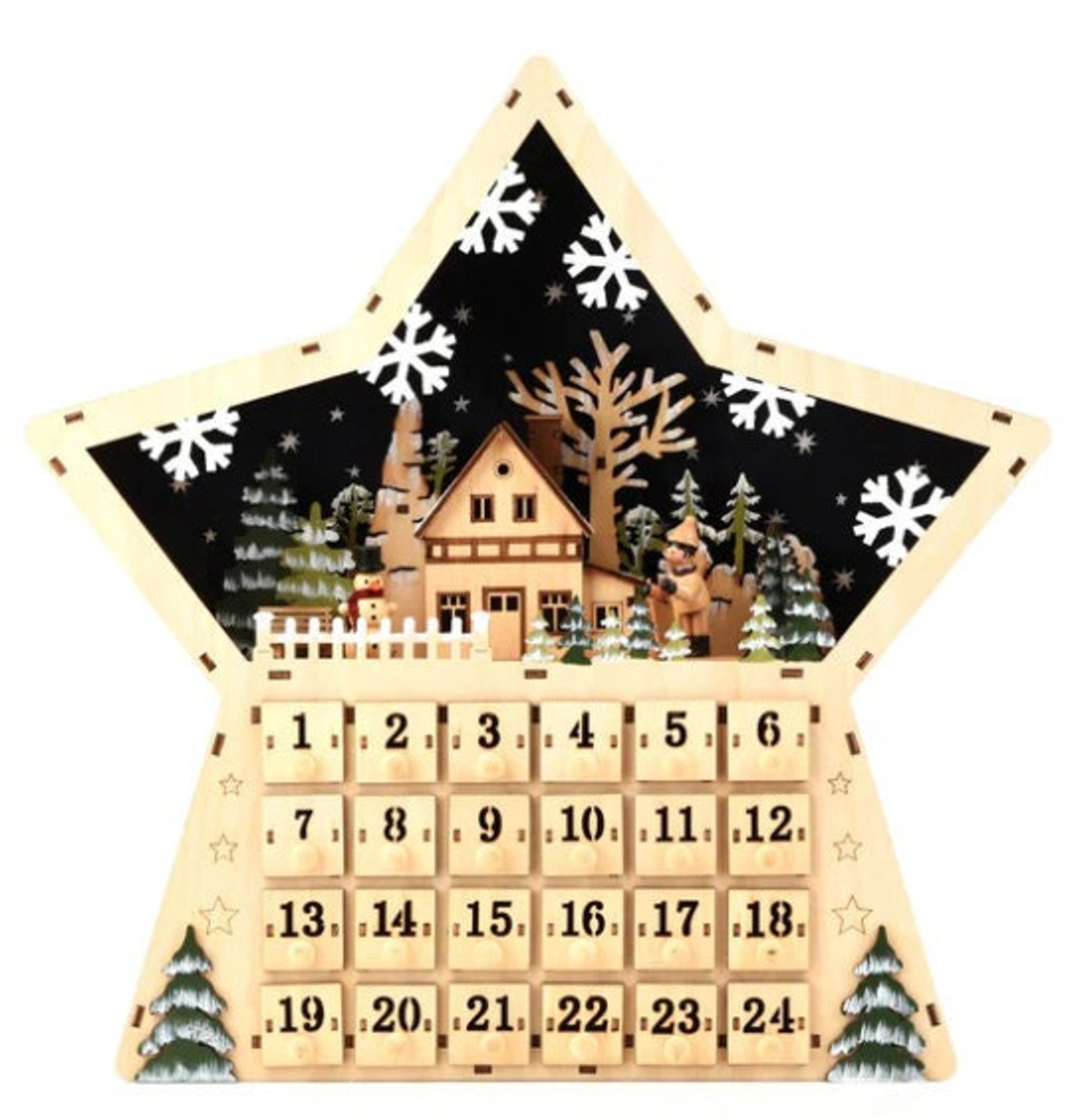 Wooden Star Shaped Advent Calendar With Light up House Scene - Etsy