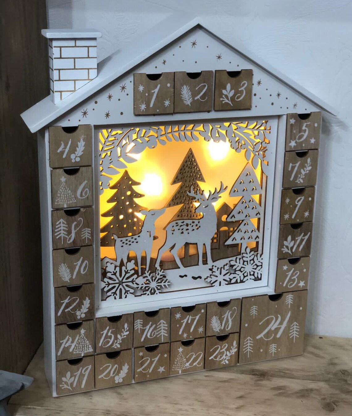 LED Christmas Wooden Advent House, Woodland Scene White, Reindeer ...