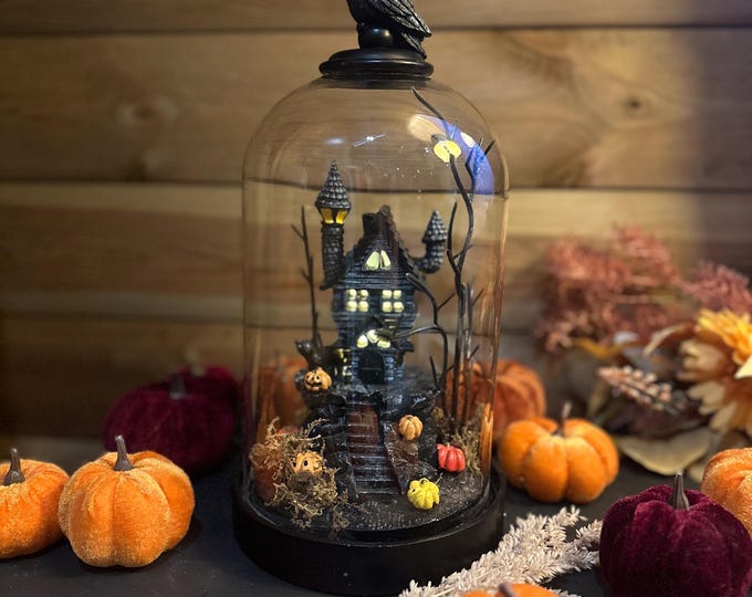 Spooky House Halloween Glass Dome, Light Up, Indoor or Outdoor ...