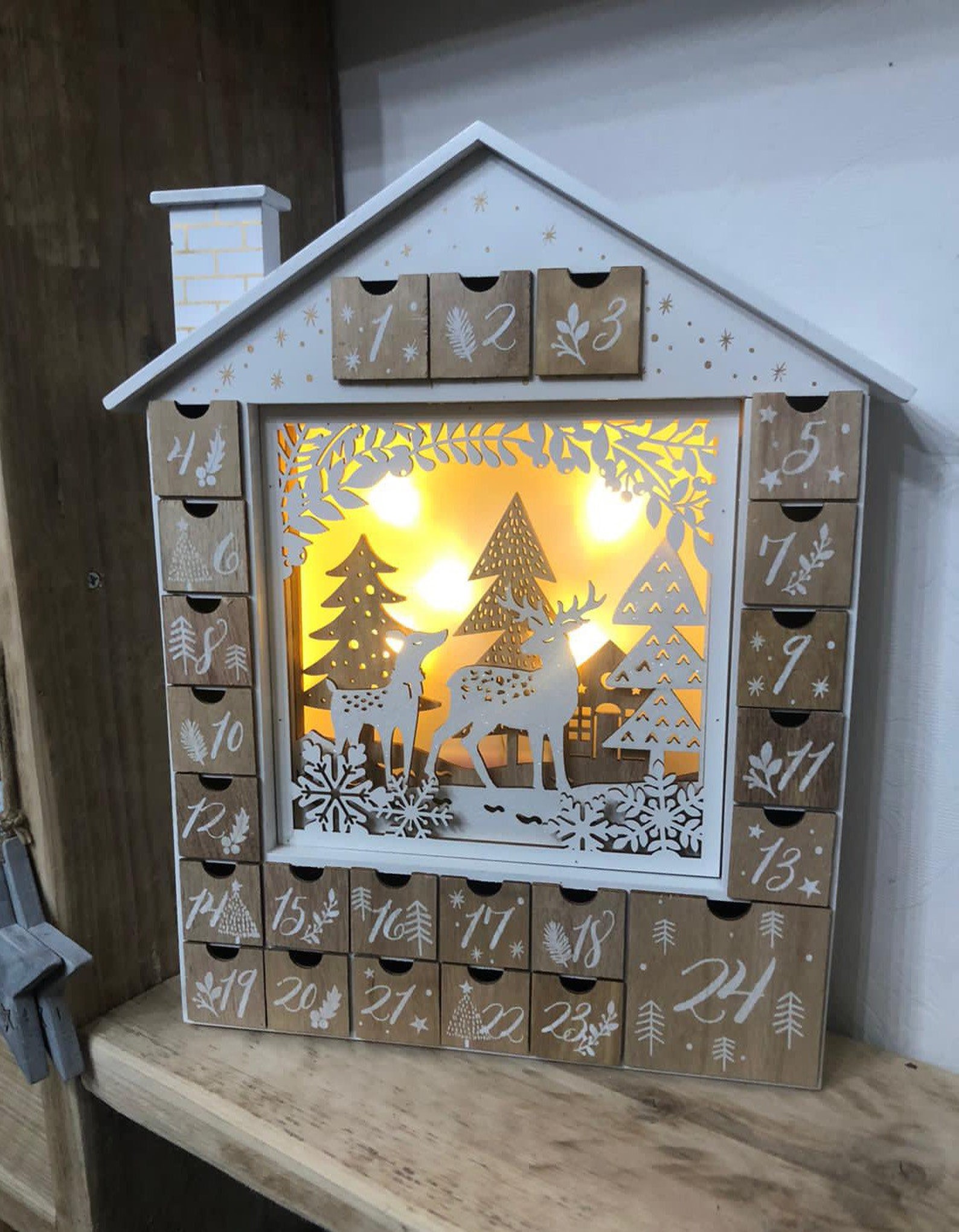 LED Christmas Wooden Advent House, Woodland Scene White, Reindeer ...