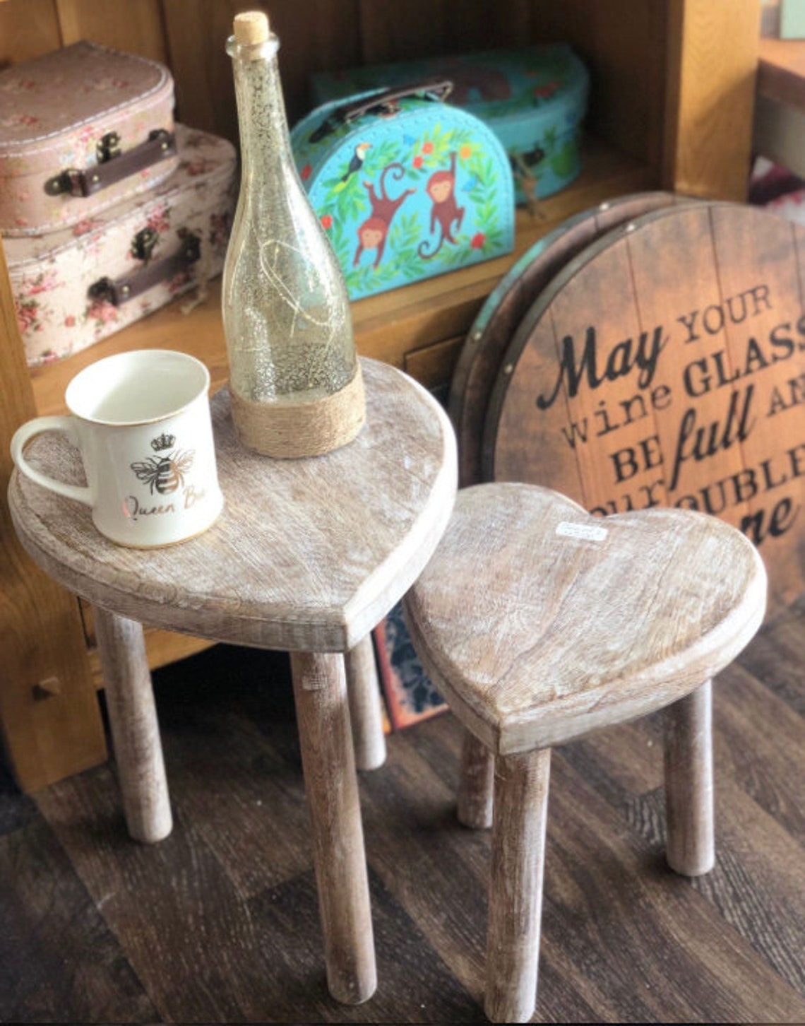 Set of 2 Wooden Heart Shape Stacking Stools / Side Tables / | Etsy UK