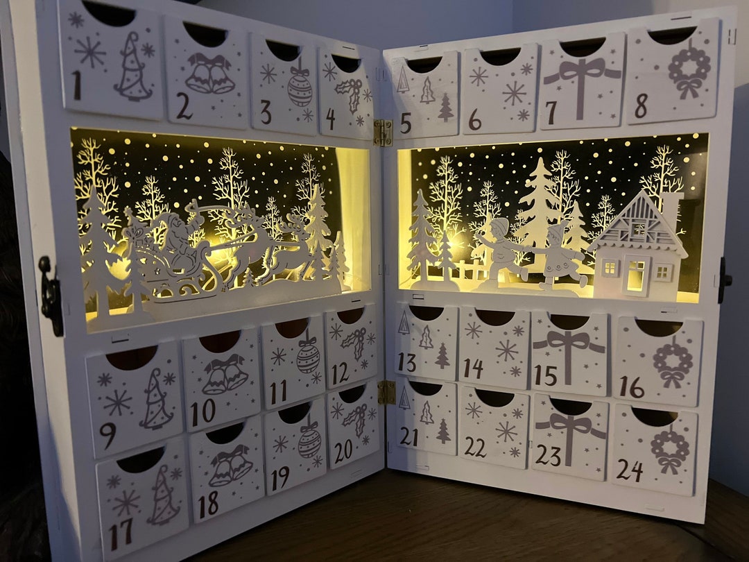 LED Christmas Wooden Advent Calendar Book, Light Up, Adult and Children ...