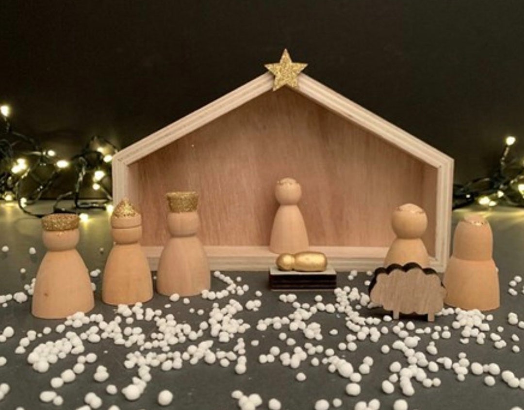 Wooden Doll Nativity Set in Stable, Biblical Christmas Display, 3 Wise ...