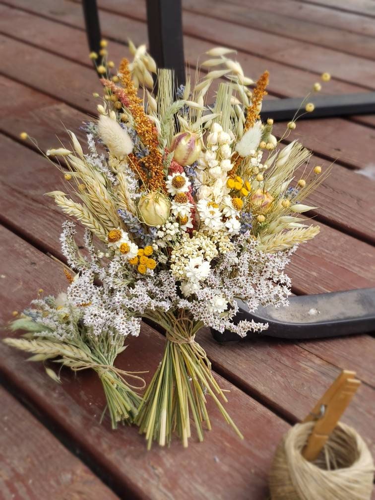 Rustic wildflower Bouquets Wheat Dried Flowers Bridesmaid | Etsy