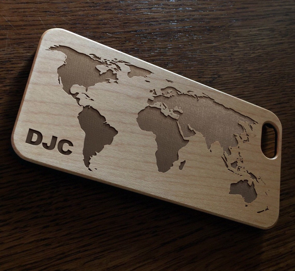 Wood World Map Iphone Case With Custom Initials Wooden - Etsy