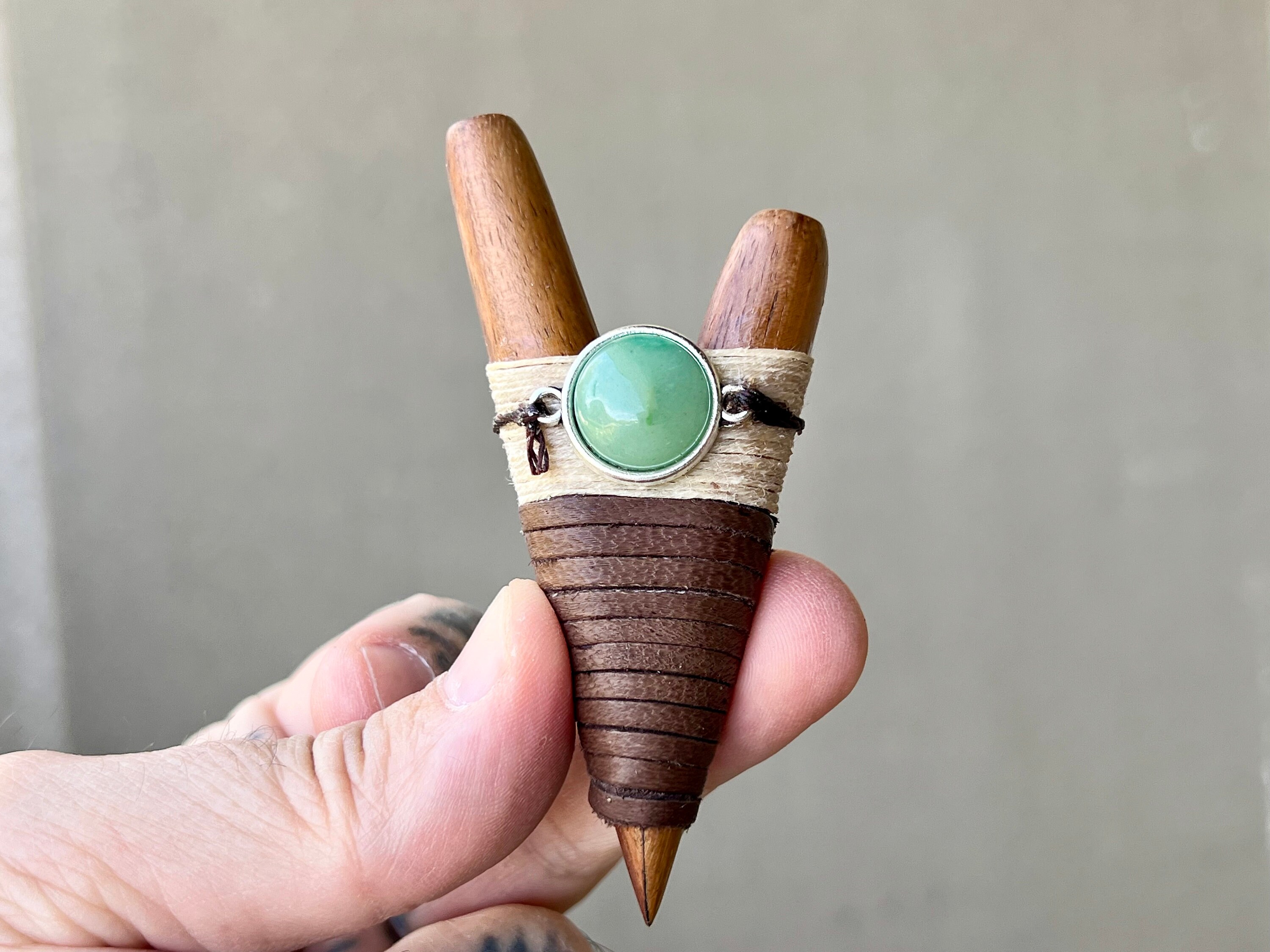 Kuripe, Natural Wood Kuripe with Green Aventurine, Handcrafted Shamanic ...