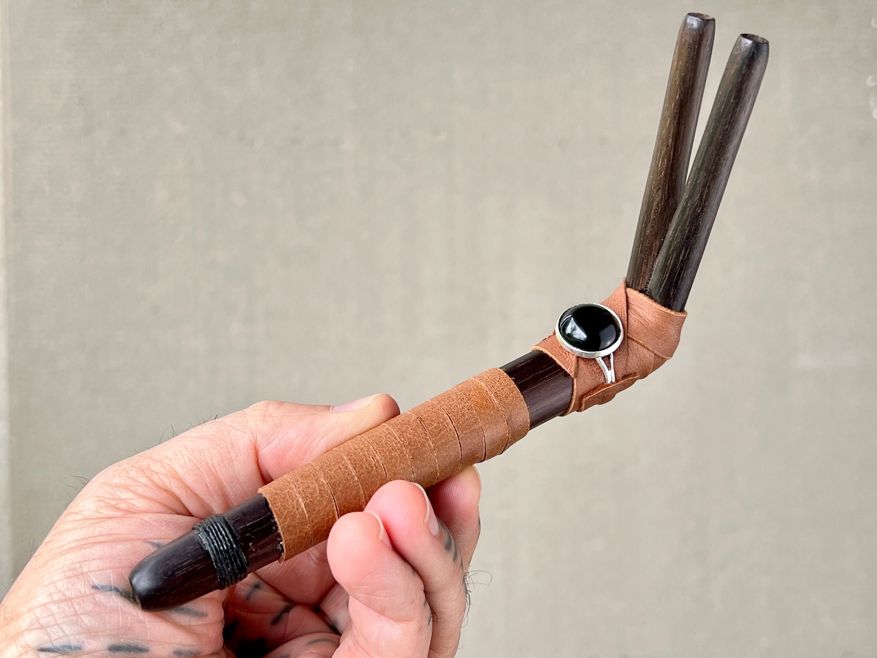 Double Tepi Pipe with Black Onyx, Solid Dark Wood Tepi, Handcrafted ...