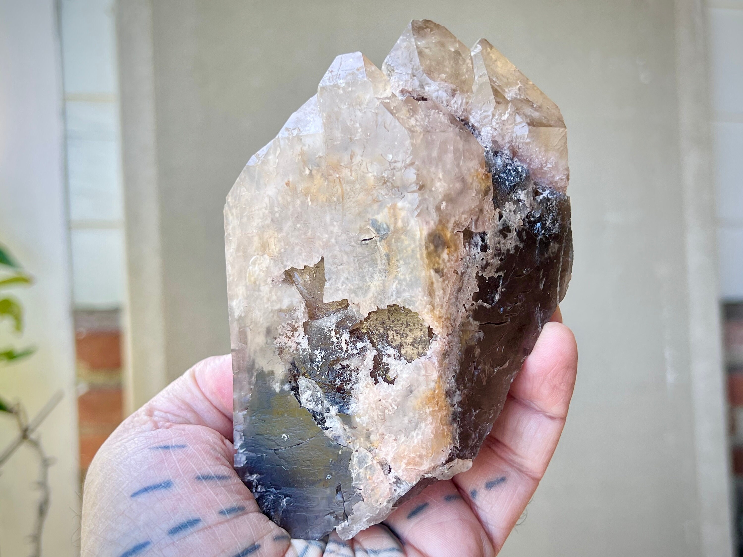Elestial Smoky Quartz with Pink Mica and Clear Quartz Overgrowth ...