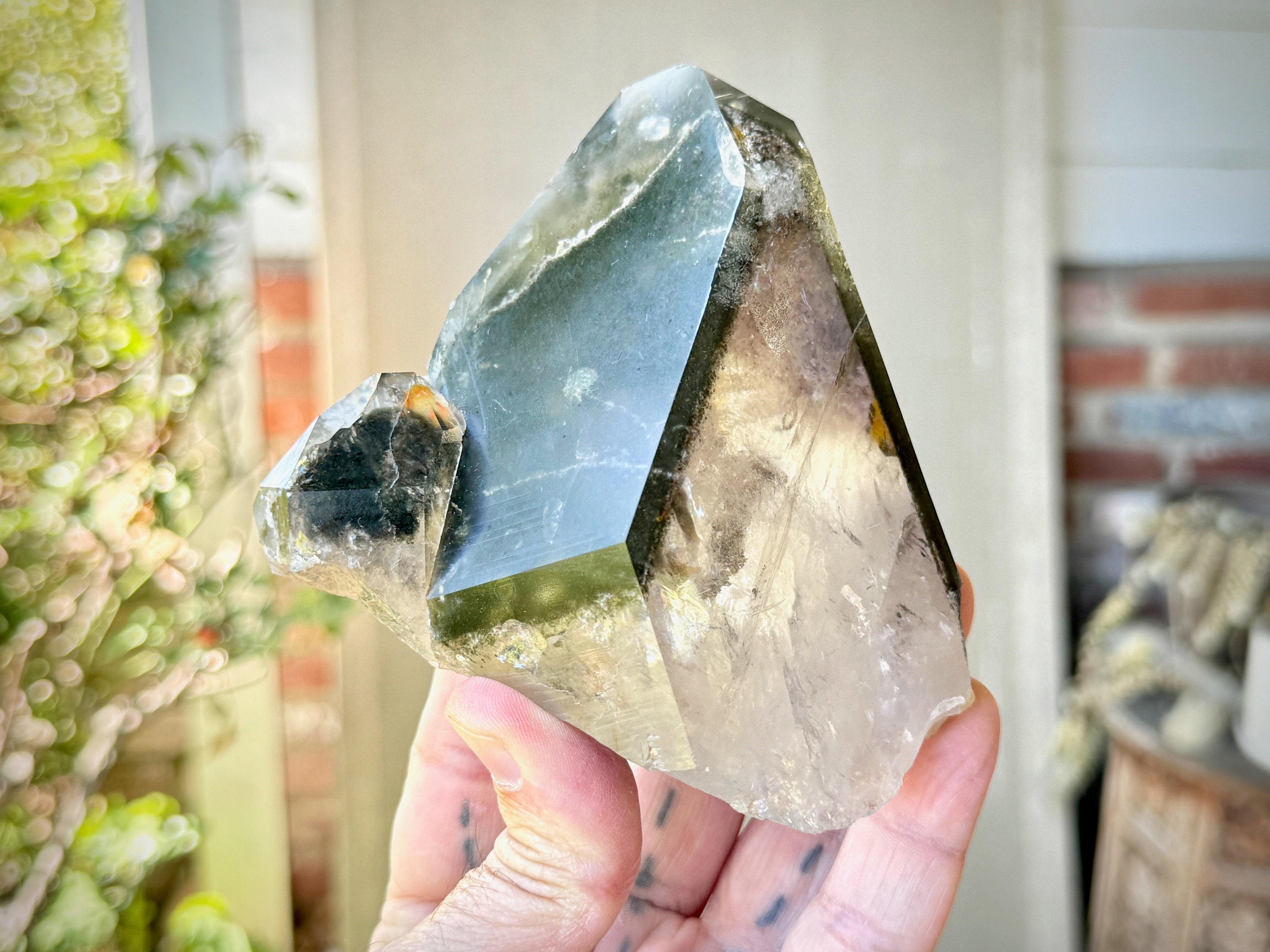 Aesthetic Lodolite Quartz with Rainbow, Raised Trigon, and Dark Green ...