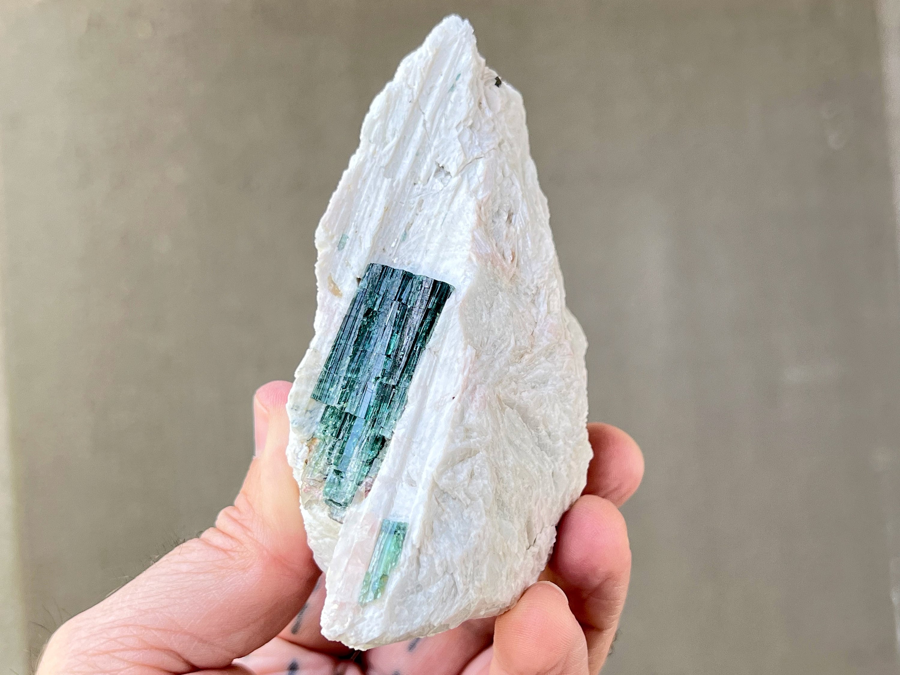 White Albite with Teal Blue Green Tourmaline Inclusion, 314g, Rare Find ...