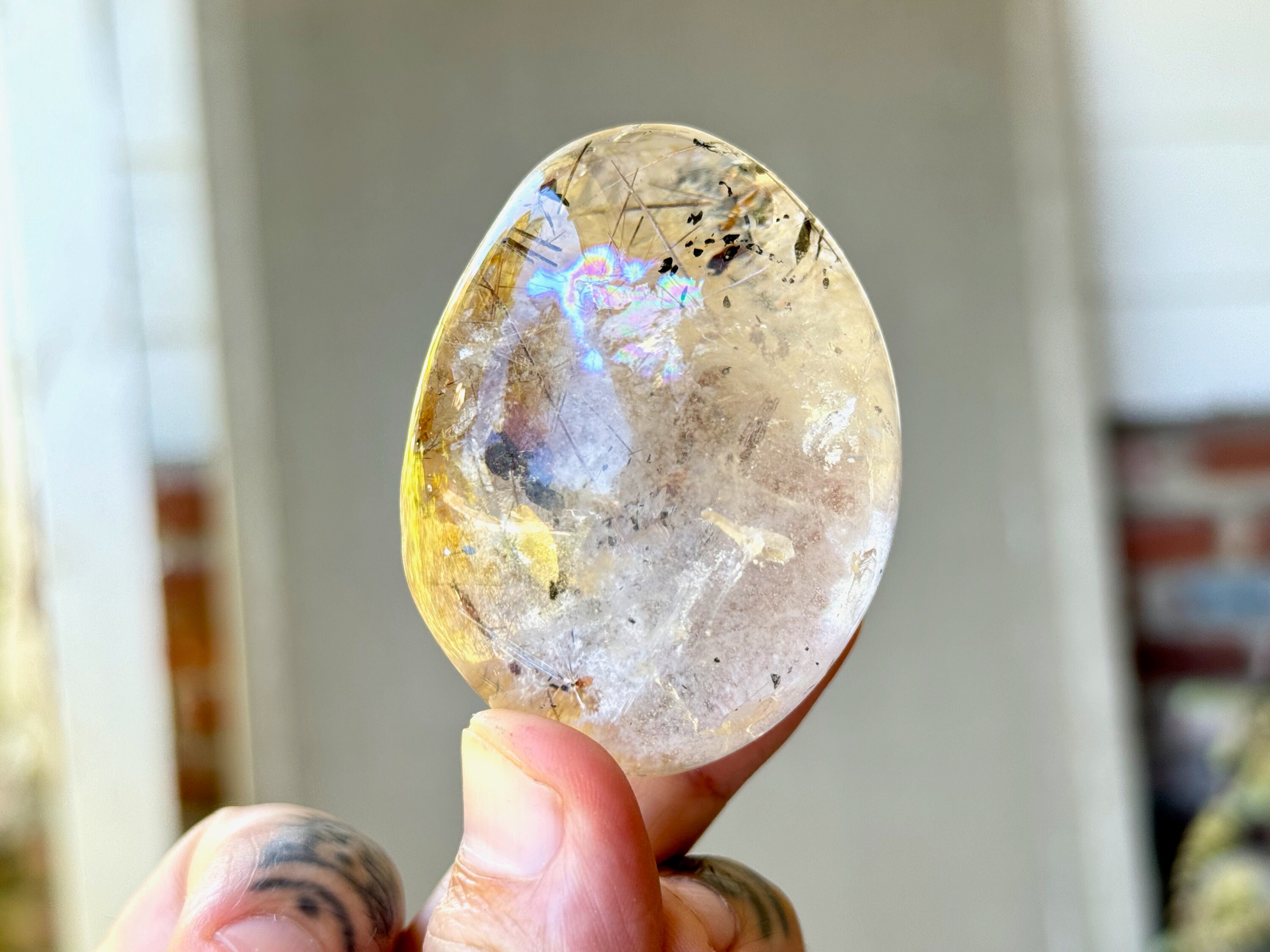 Golden Rutile Quartz Crystal Dome with Rainbow and Snowy White ...
