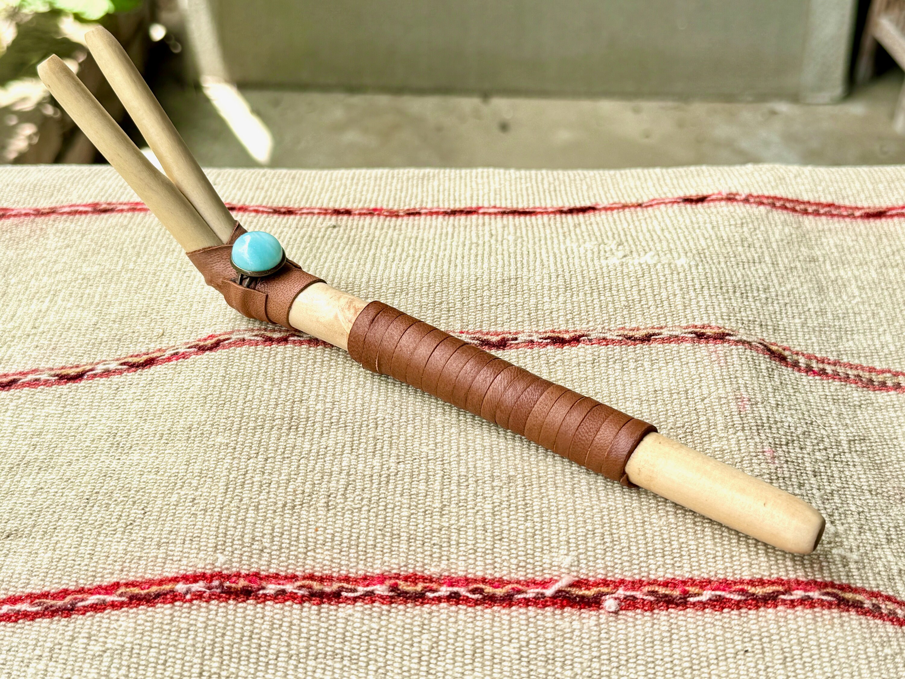 Double Tepi Pipe with Pale Blue Amazonite, Natural Light Wood Double ...