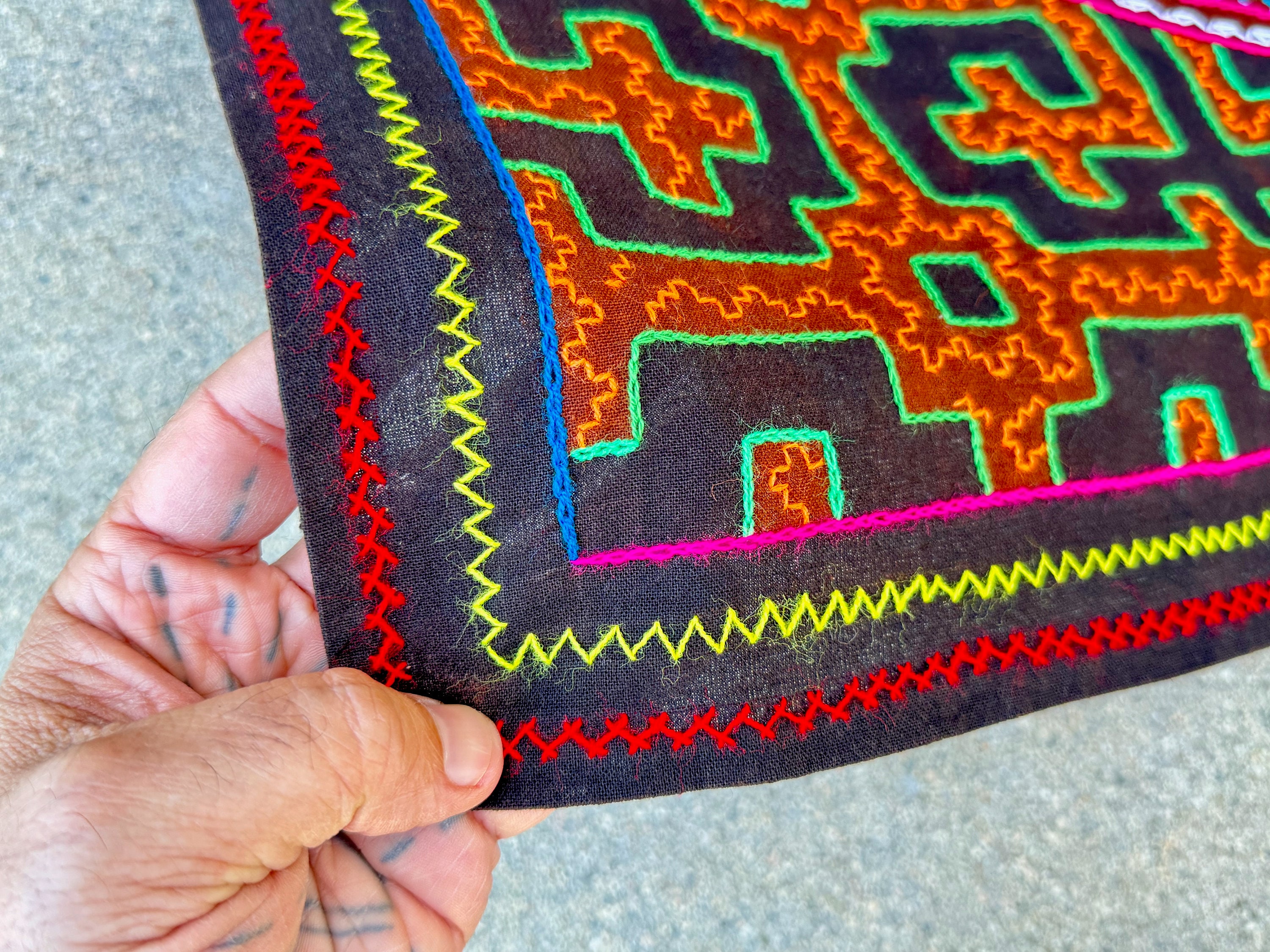 Shipibo Manta Cloth with Frog by Denise Bautista, 25 x 27, Embroidered ...