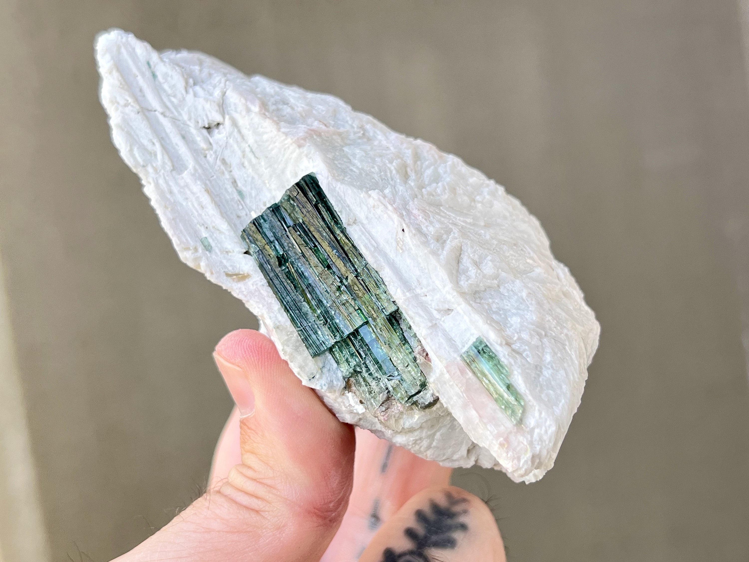 White Albite with Teal Blue Green Tourmaline Inclusion, 314g, Rare Find ...