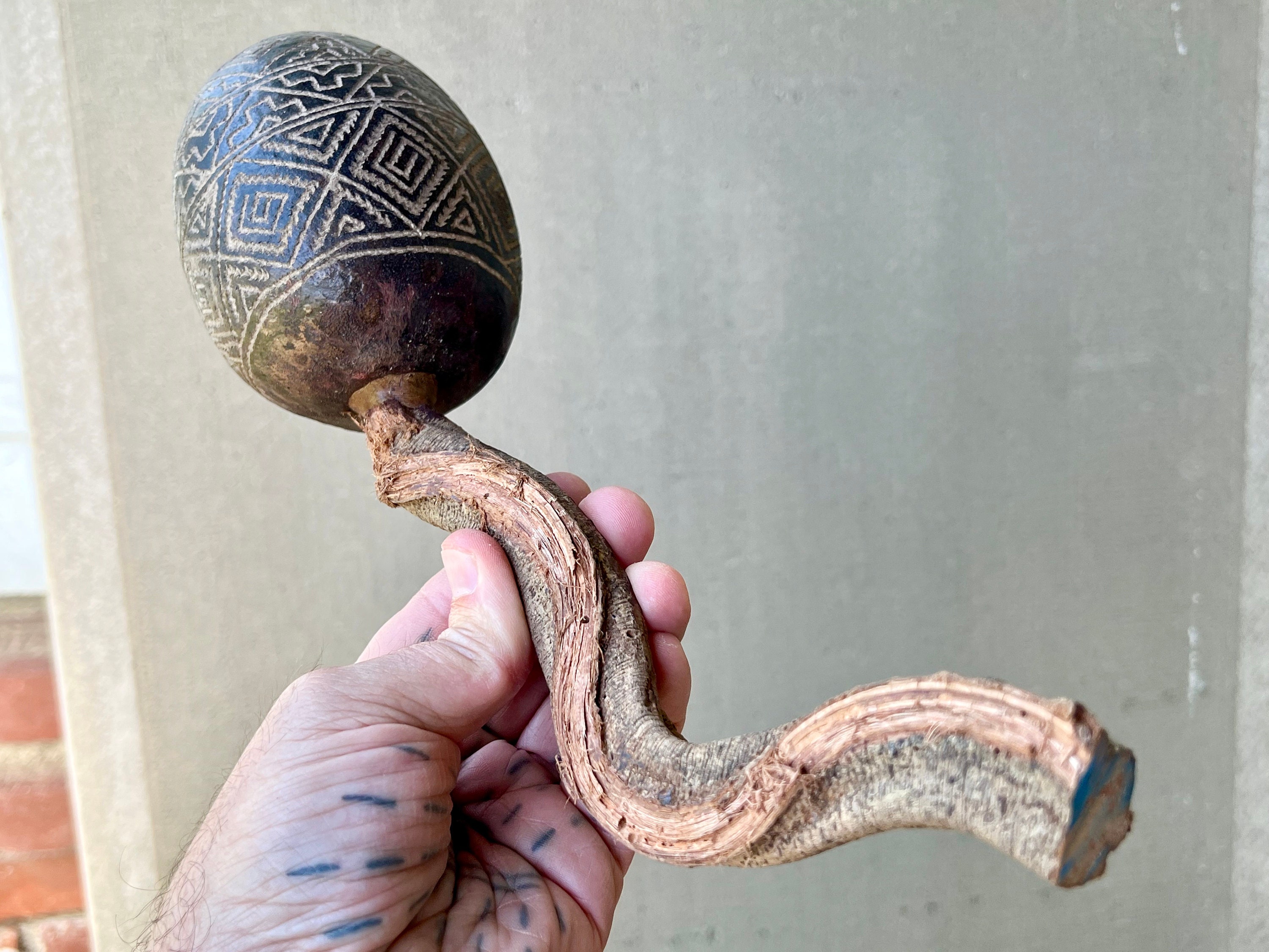 Shaman Rattle with Ayahuasca Vine Handle, Traditional Shipibo Gourd ...