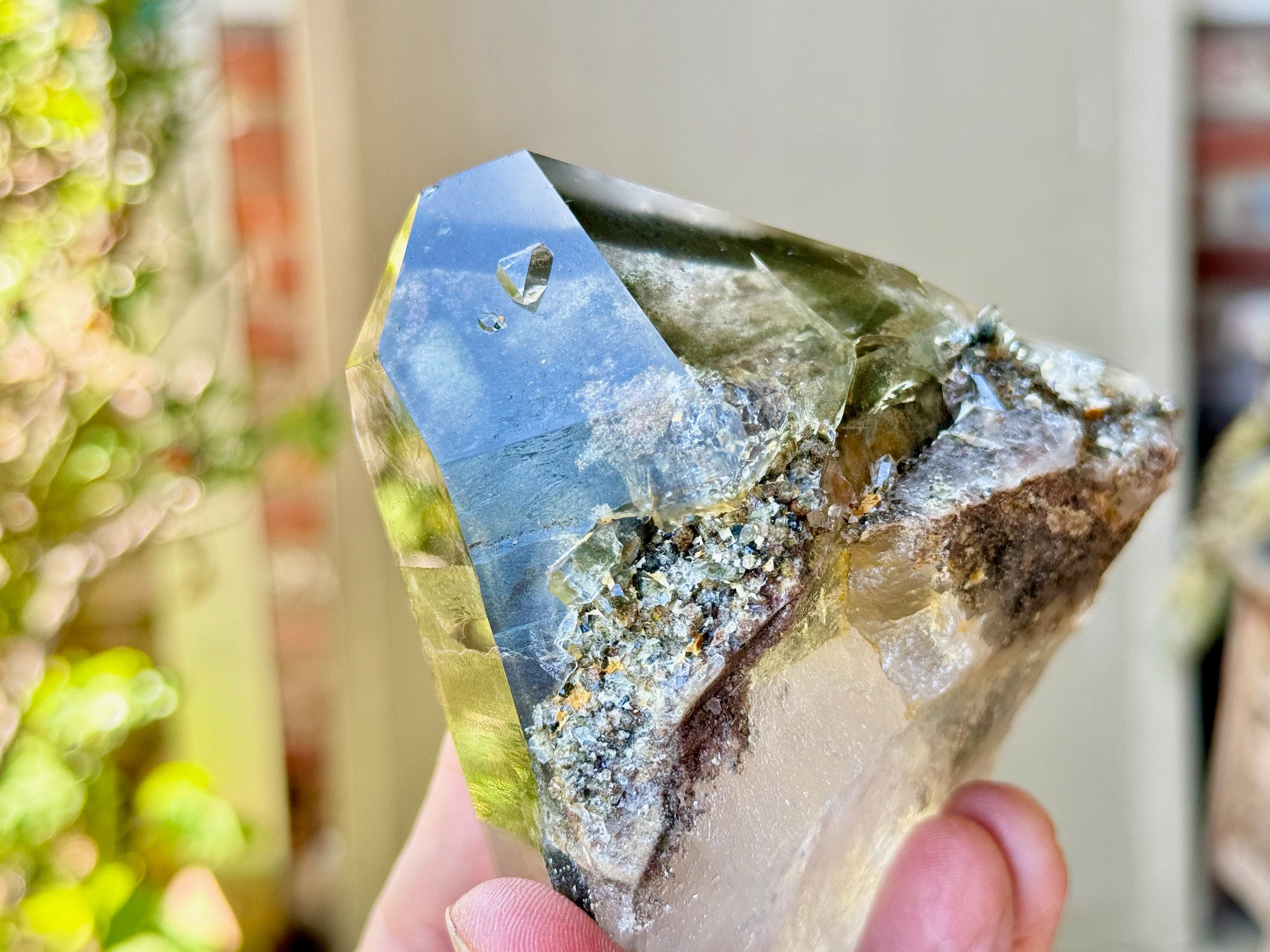 Aesthetic Lodolite Quartz with Rainbow, Raised Trigon, and Dark Green ...
