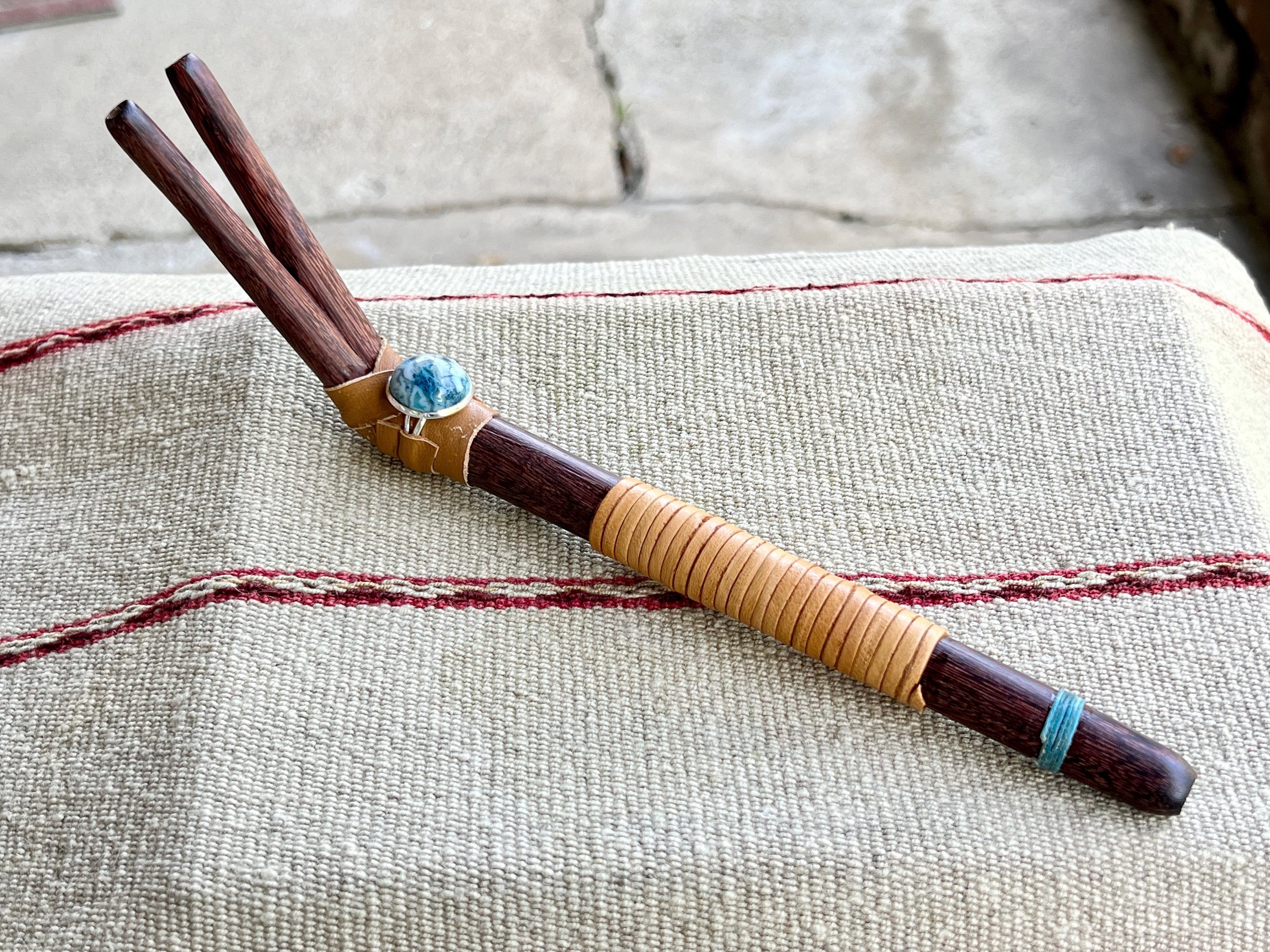 Double Tepi (kuripe) pipe with Crazy Lace Agate, Solid Dark Wood Tepi ...