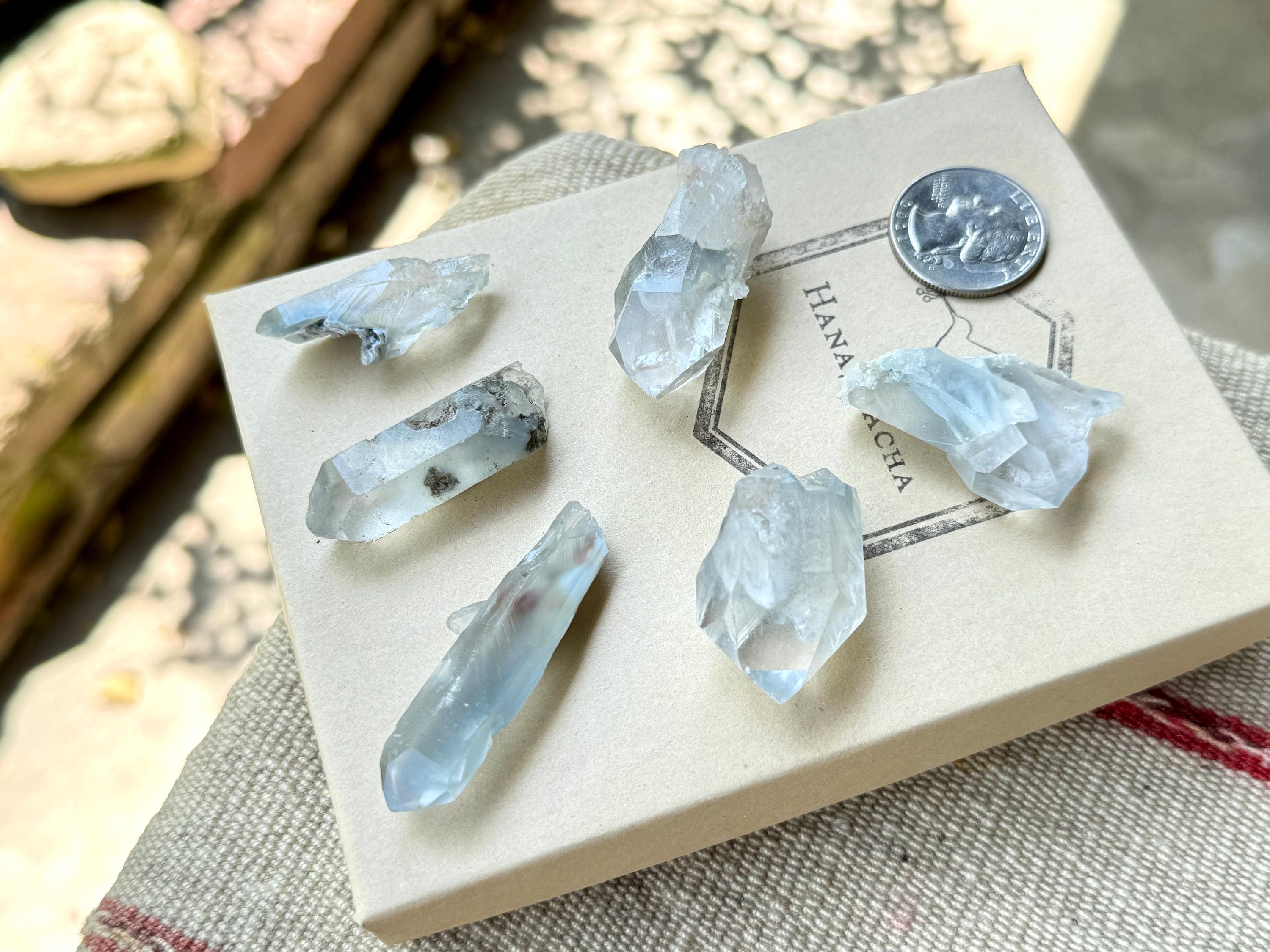 Blue Tara Quartz Lot, 6 Crystals with Pale Blue-Gray Olenite Inclusion ...