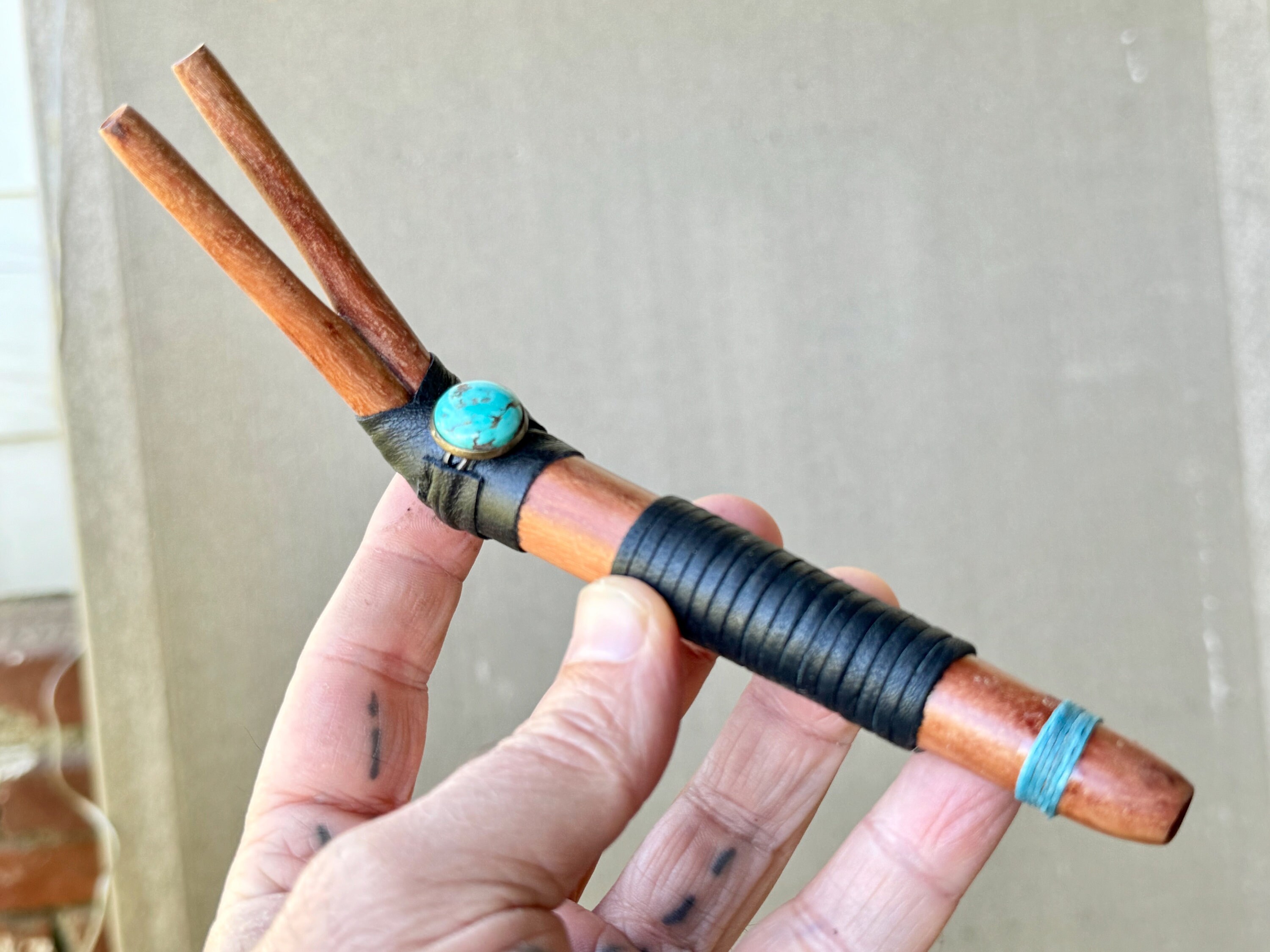 Double Tepi Pipe with Cloud Mountain Turquoise, Natural Sawo Wood Tepi ...