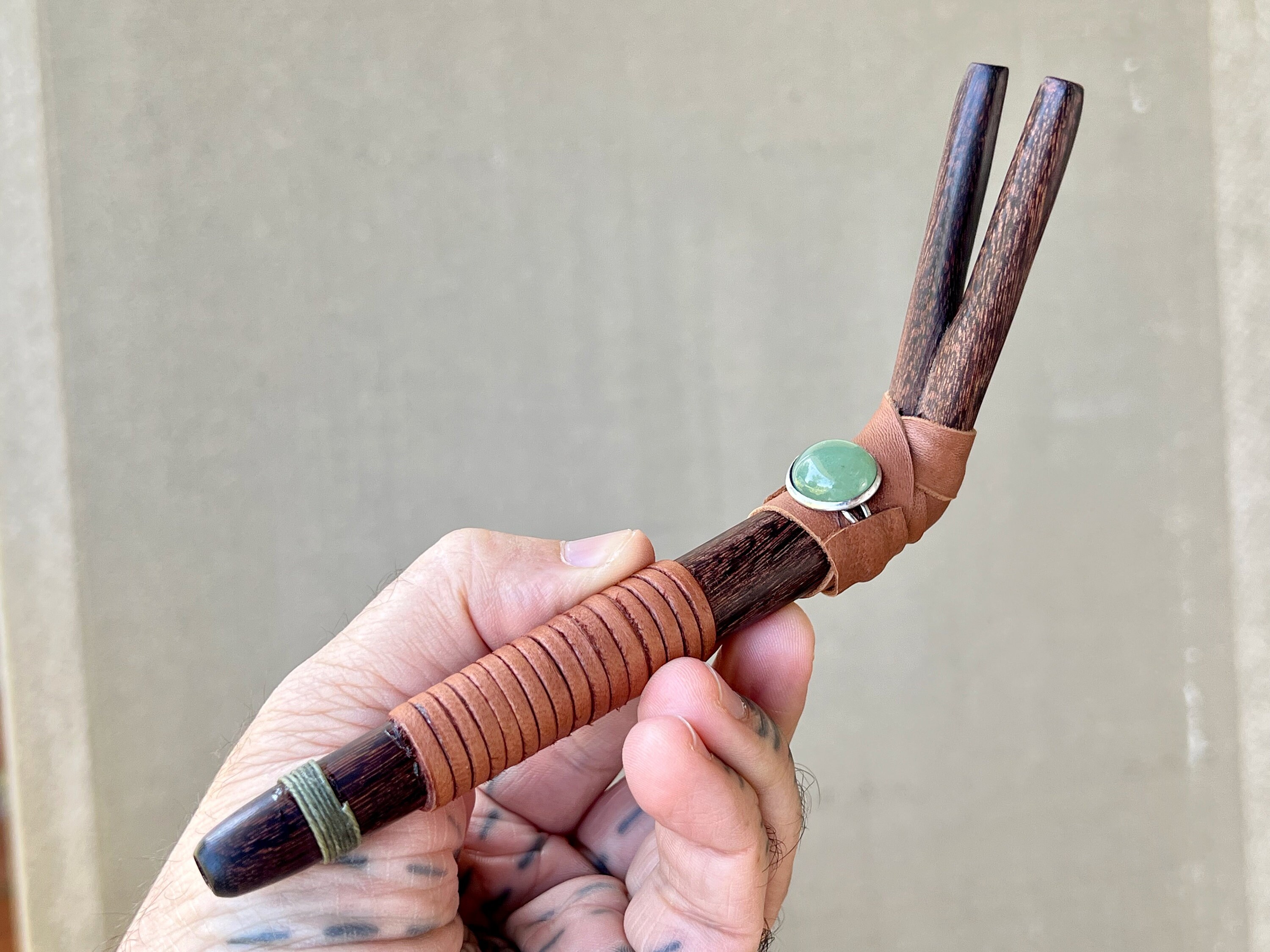 Double Tepi Pipe with Green Aventurine, Solid Dark Tamarind Wood Tepi ...
