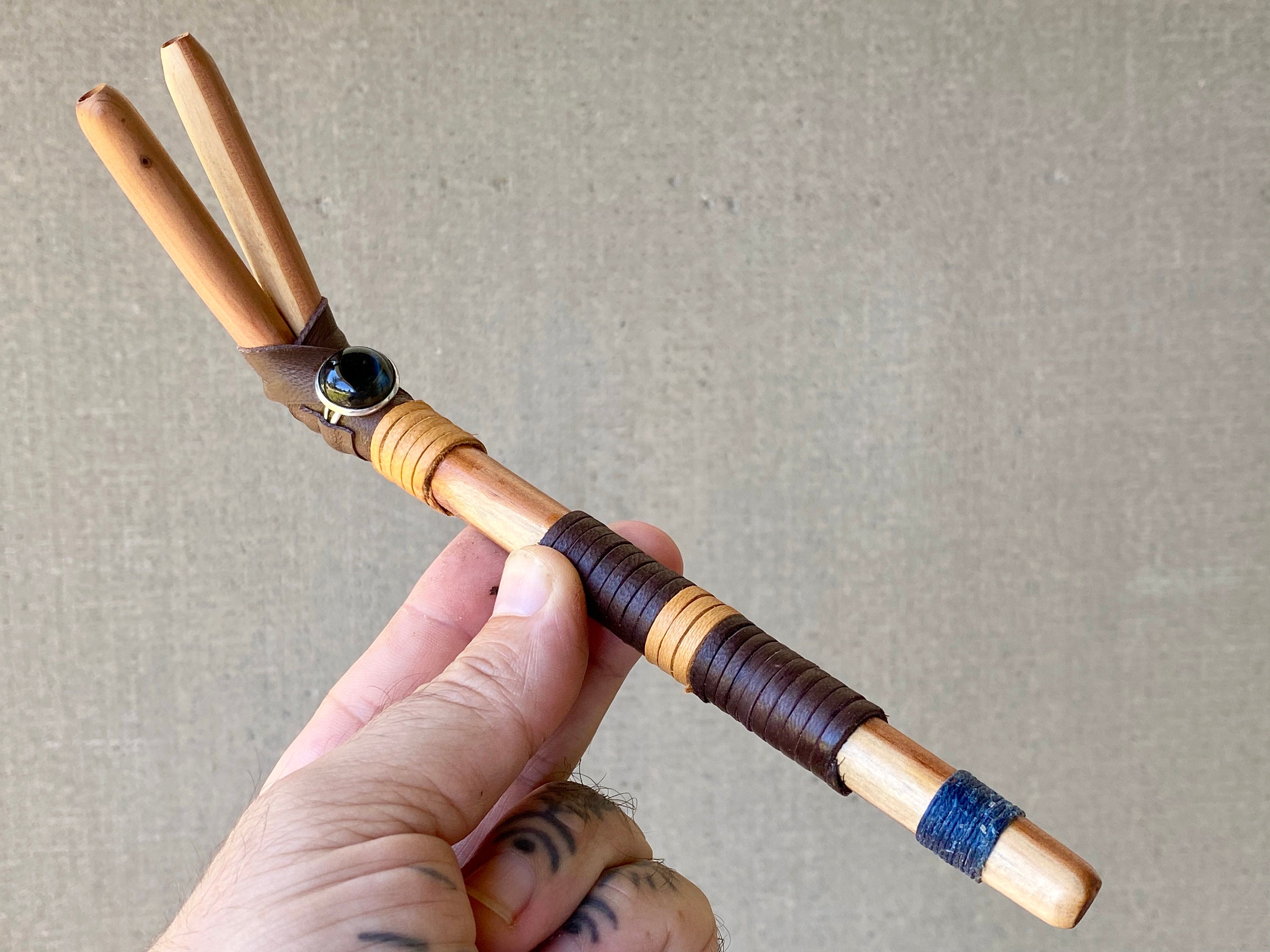 Double Tepi (kuripe) pipe with Blue Tiger's Eye, Solid Wood Tepi ...