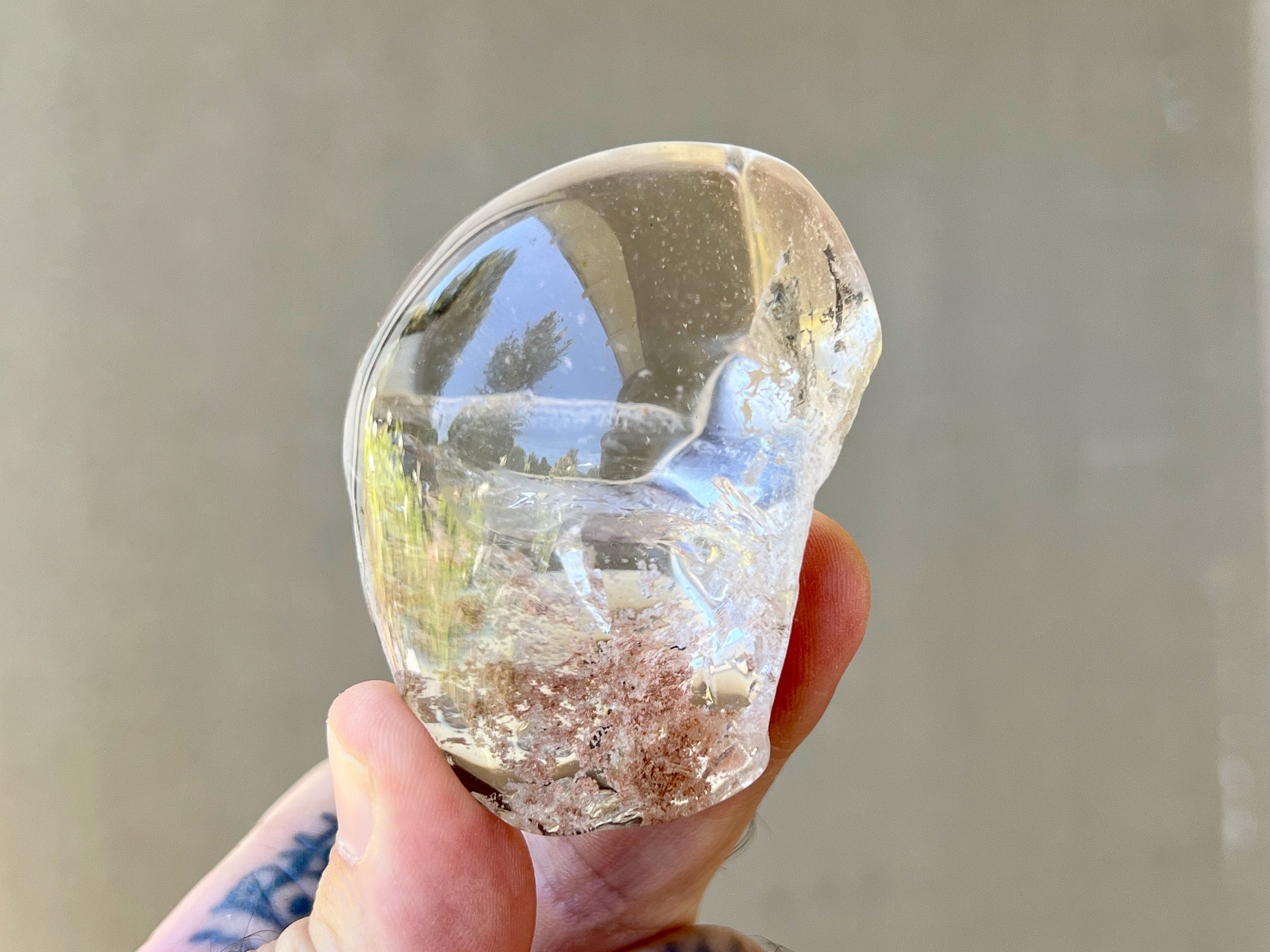 Polished Quartz Palm Stone with Mild Pink Lodolite Inclusions, Water ...
